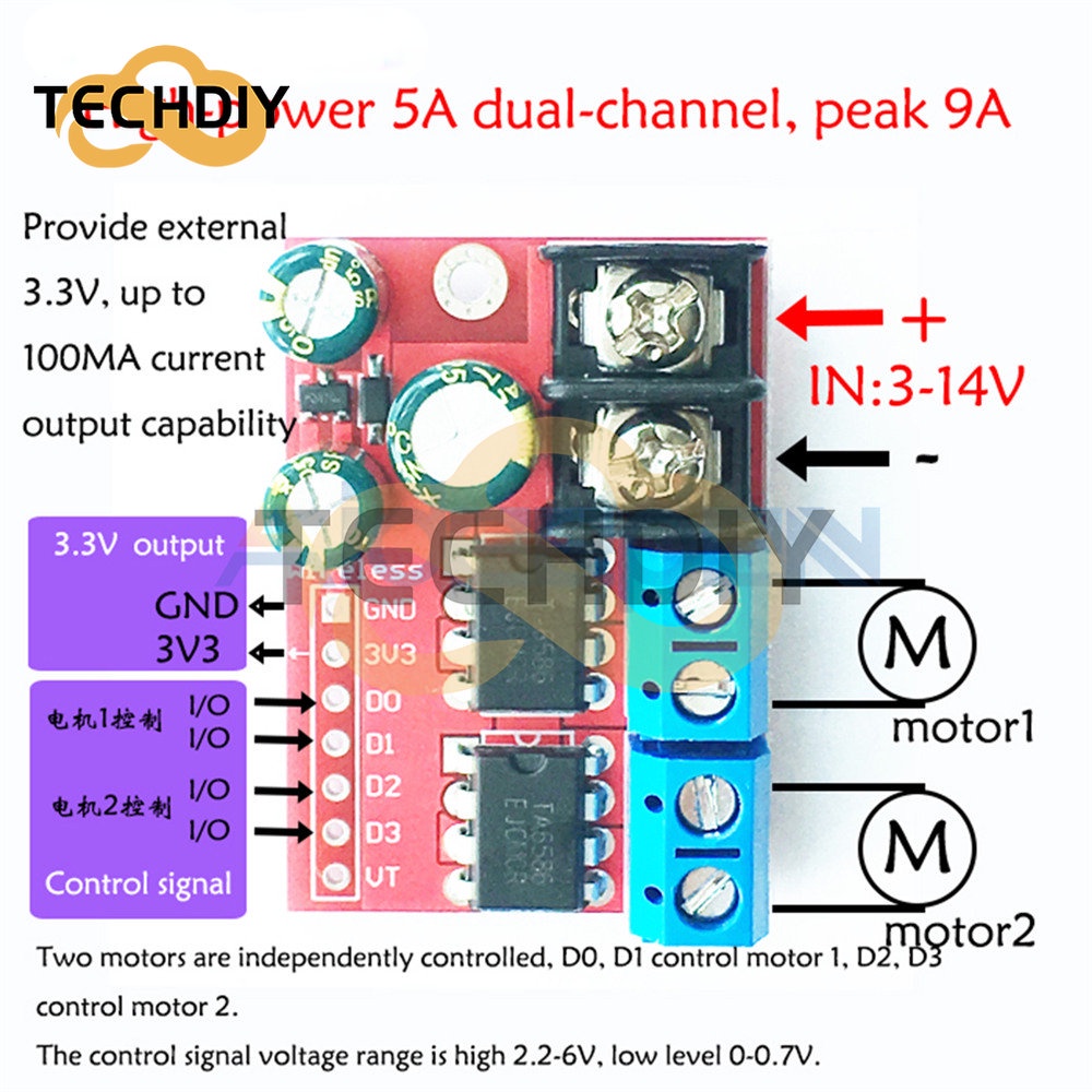 New 5A Dual DC Motor Drive Module Remote Control Voltage 3V-14V Reverse ...
