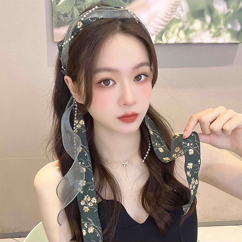 Korean Long Ribbon Headband Summer Floral Braid Hair Band Pearl Ribbon ...