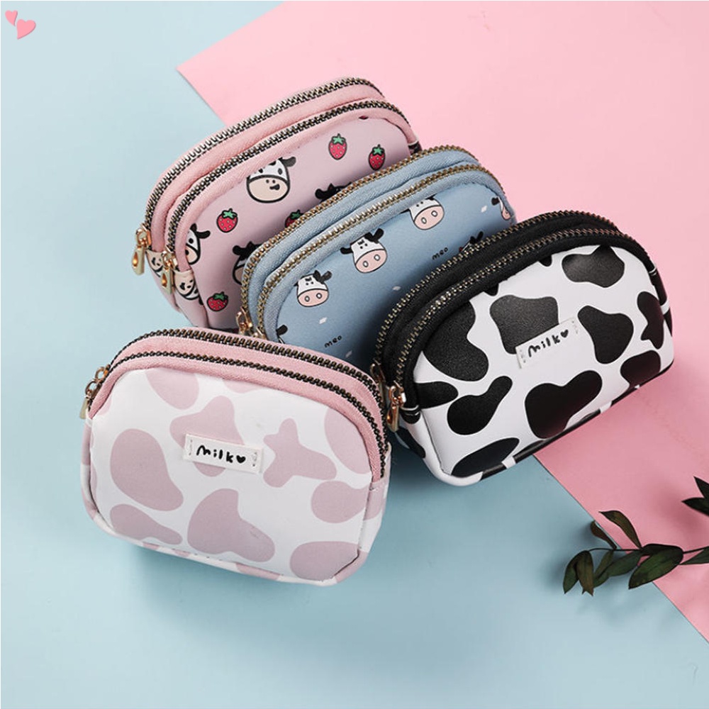 PVC Coin Purse - Double Zipper Cow Pattern Wallet Card Holder Coin Bag ...