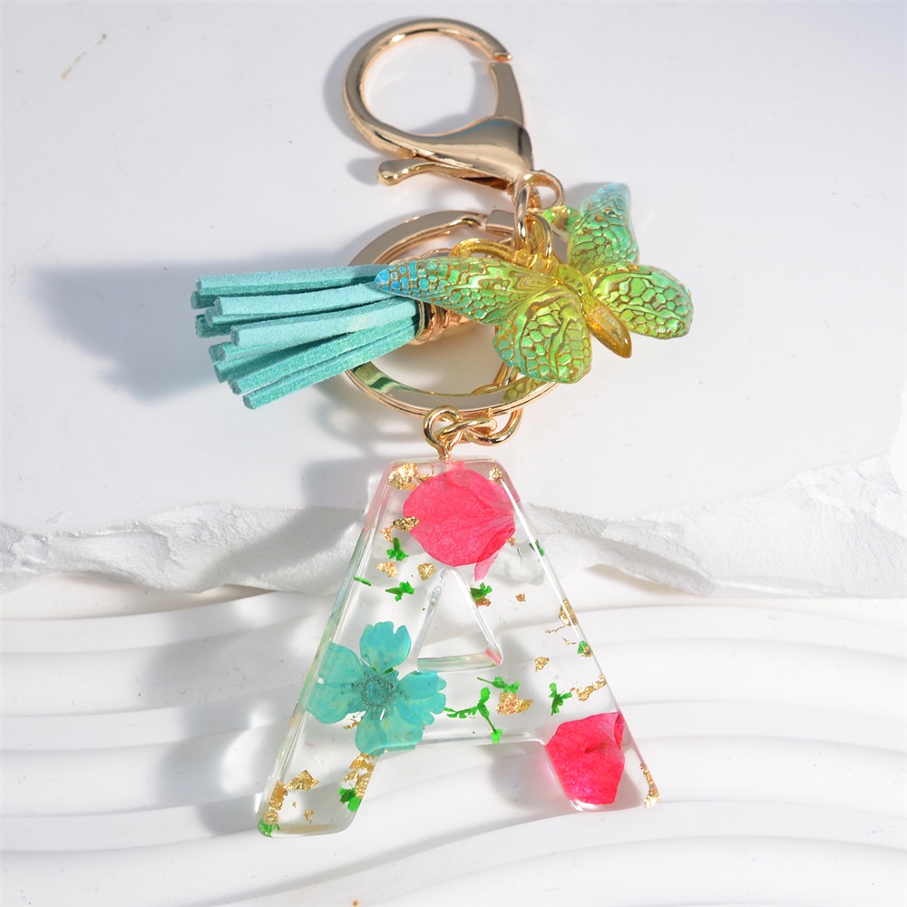 Fashion Tassel Butterfly 26Letters Keychain Dried Flowers Filled Resin ...