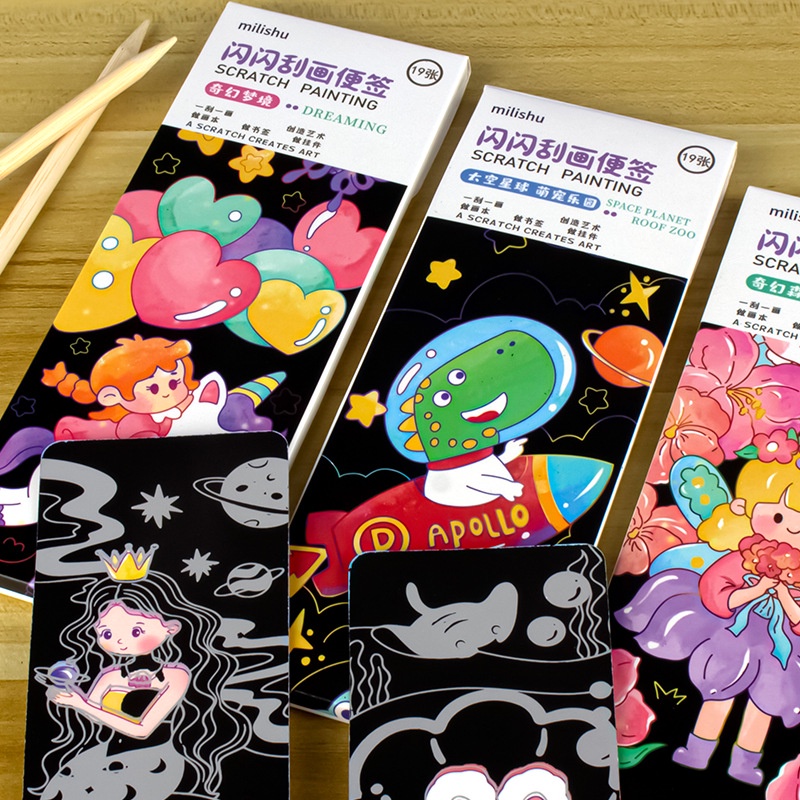 Cartoon Astronaut Scratch Painting Set Glitters Scratcher Wax Paper ...