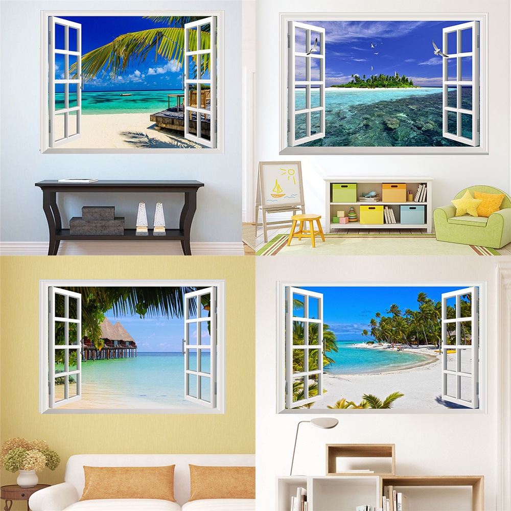 Sea 3D Window View Sticker Wall Art Vinyl Decal Summer Beach Landscape ...