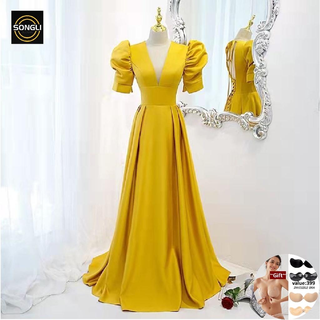 Golden Yellow Dress Stage Performance Walk Banquet High end Satin ...