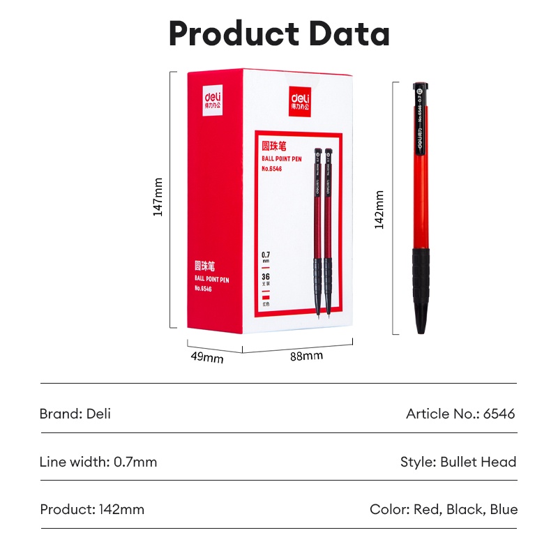 Deli Ballpoint Pen 0.7mm Smooth Writing Ballpen Black/Blue/Red Color ...