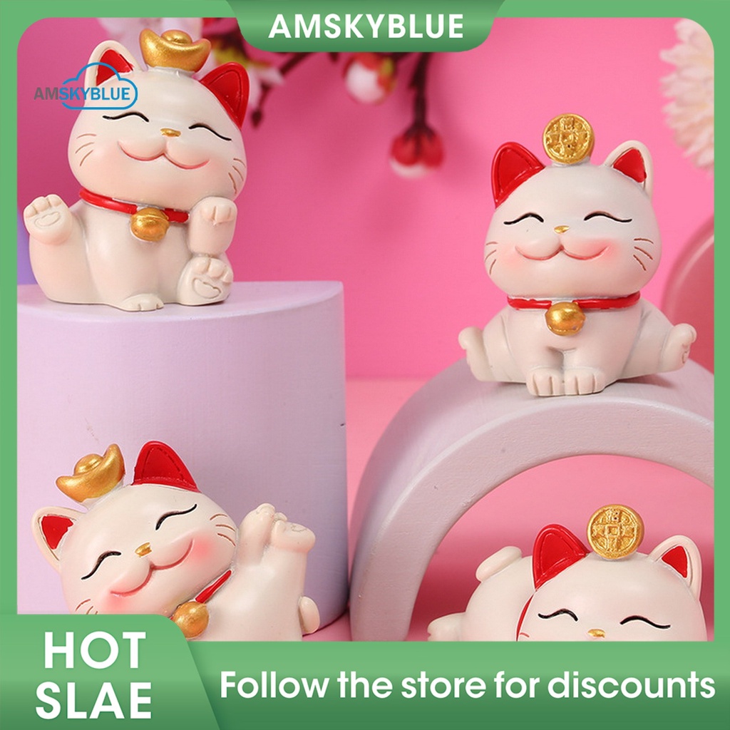 Ams-Cute Expression Multi Postures Lucky Cat Figure with Golden Bell ...
