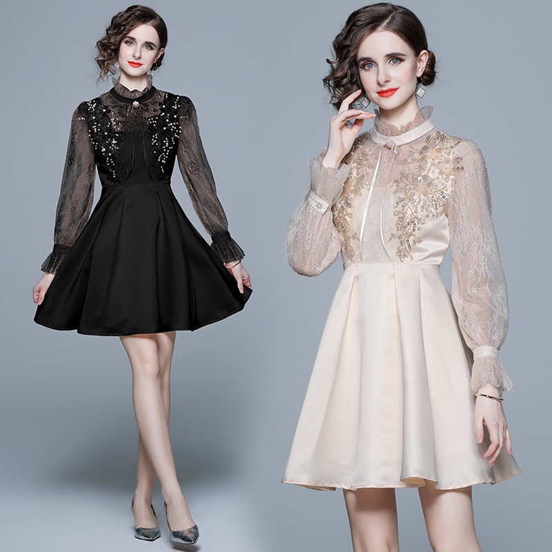 Women Korean Fashion Vintage Elegant Stand Neck Long Sleeve Beaded Dress Spring Autumn Lace Mesh
