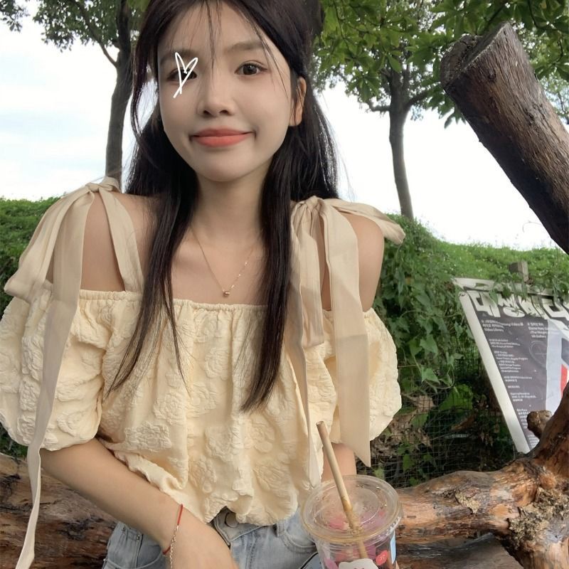 Women's shoulder bubble sleeve shirt sweet Korean chic chic top | Shopee Philippines