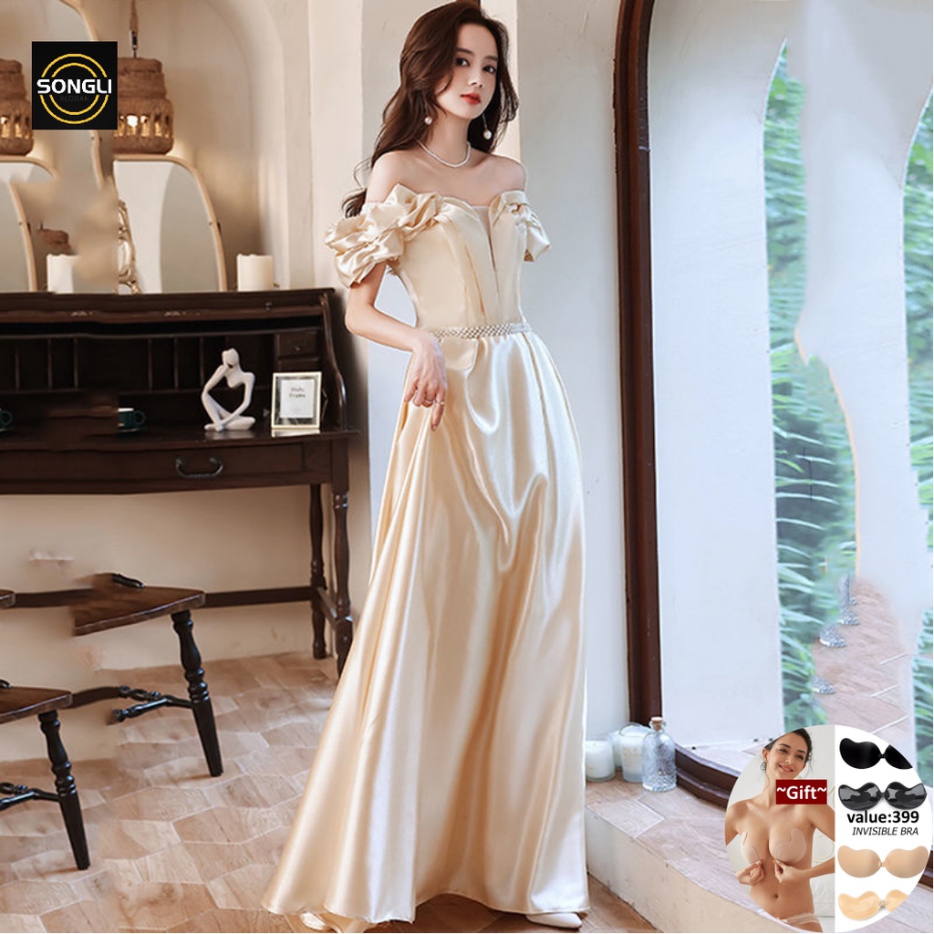 Champagne Satin Debut Dress Off Shoulder Evening Dress New Elegant High ...