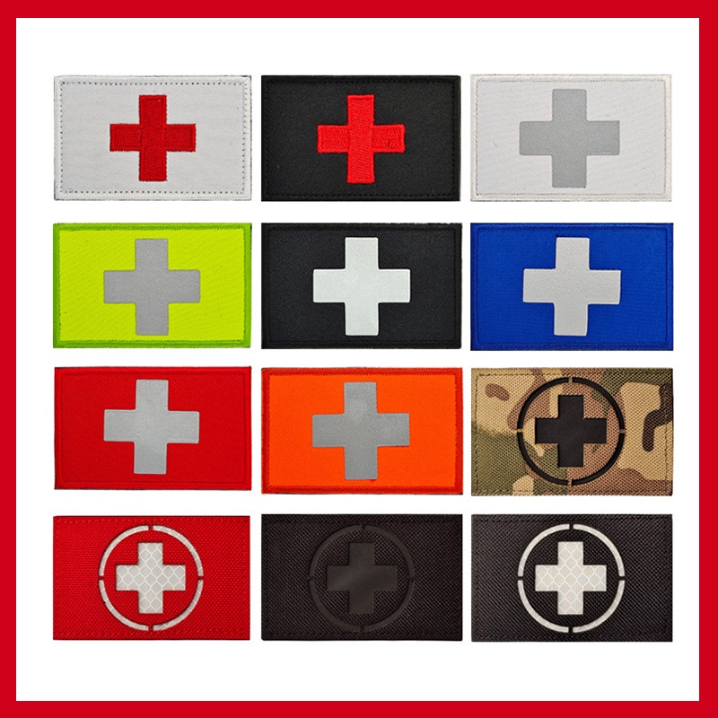Red Cross Badge Embroidery Velcro Patch IR Reflection With Hook Ring ...