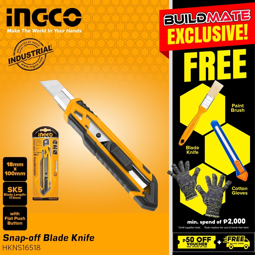 BUILDMATE Ingco Snap-Off Blade Knife 18mm x 100mm SK5 Blades Utility ...