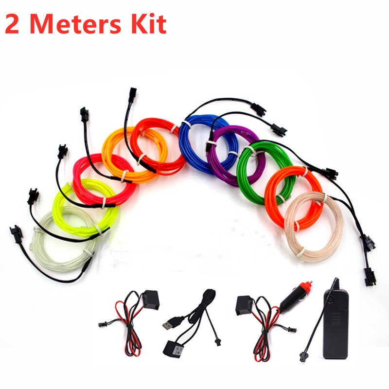 2meters Neon Light Kit Flexible EL Wire 3V Battery Box/5V USB /12V Car ...