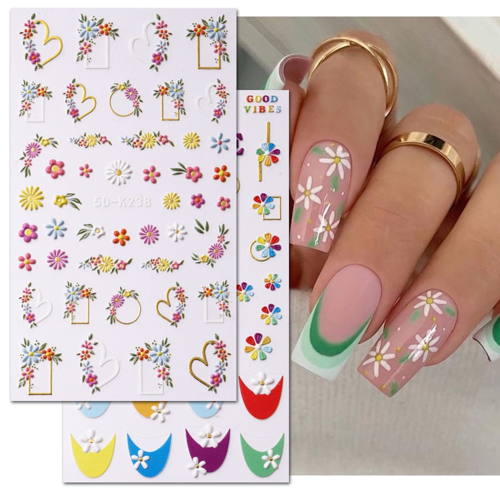 HAMA NAIL 5d Embossed Nail Art Stickers French Tip Nails with Flower ...