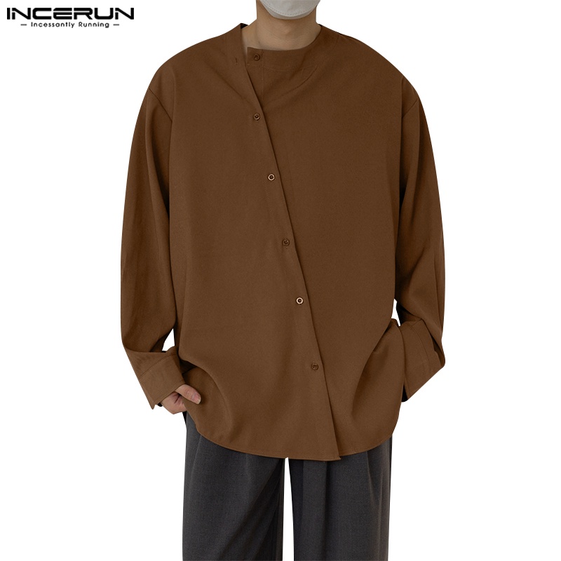 INCERUN Men Korean Round Neck Solid Color Simple Diagonal Gated Button ...