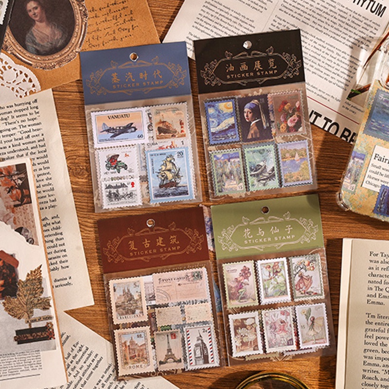 4 Sheets Retro Stamps Series Decals Literary Decorative DIY Sticker ...