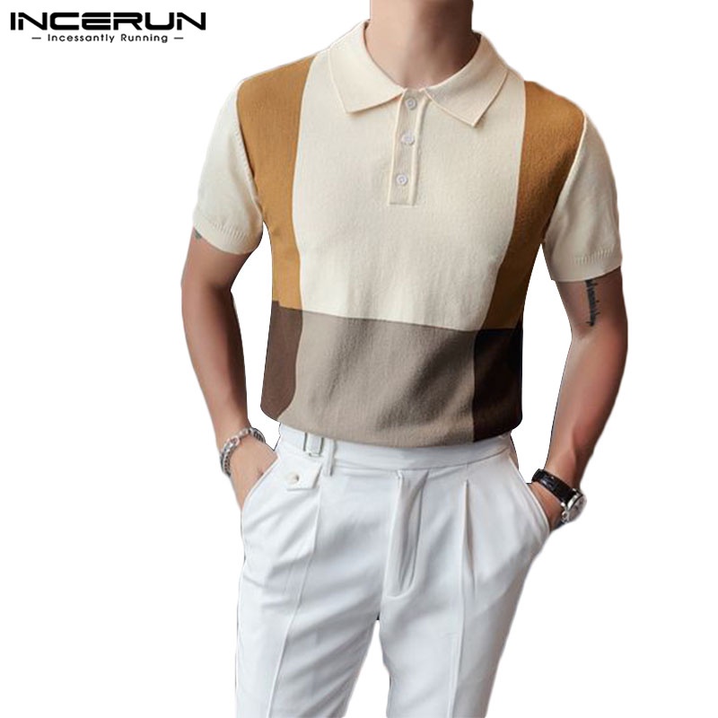 INCERUN Color Block Contrast Short Sleeve Knitted Polo Top POLO Shirts ...