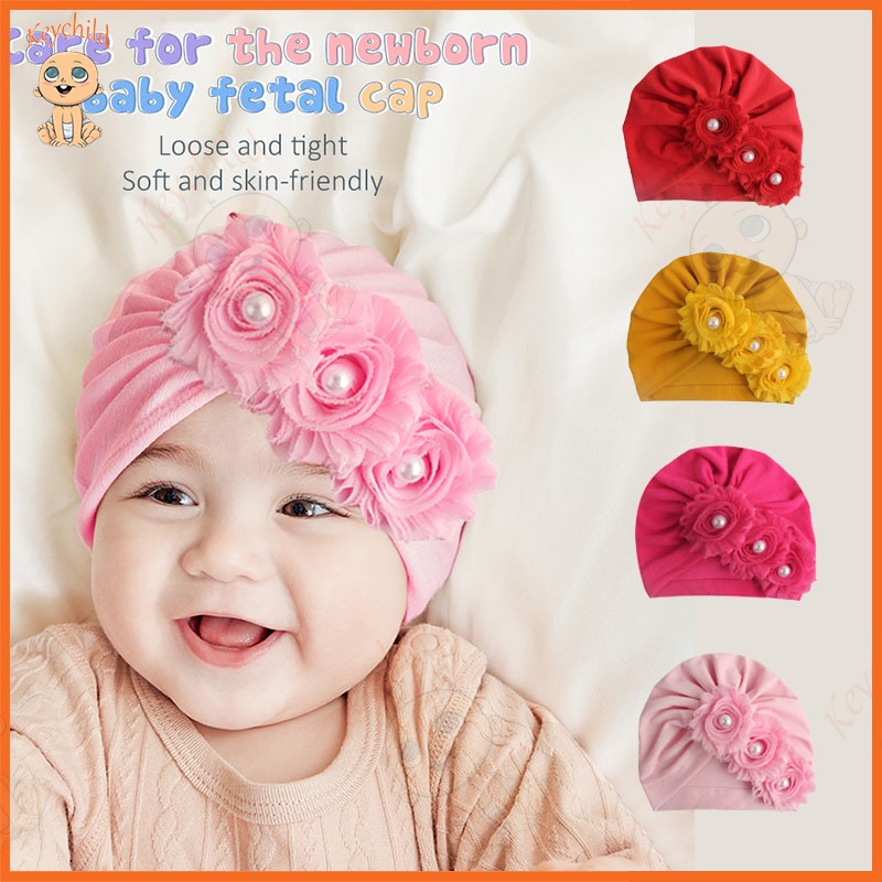 Keychild Baby Girls Boys Flower Pearl Design Caps Hat Turban Elastic ...