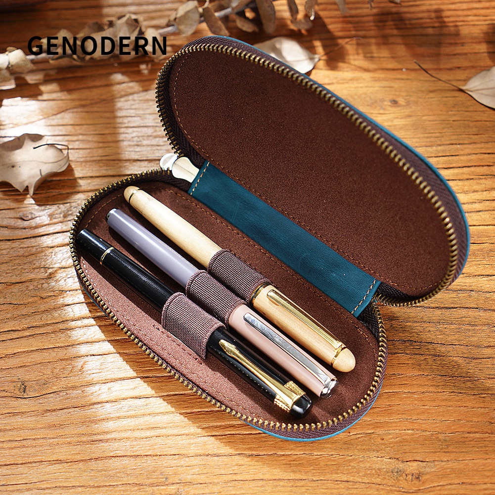 GENODERN Retro Crazy Horse Leather Pencil Case Oval Zipper Bag Portable ...