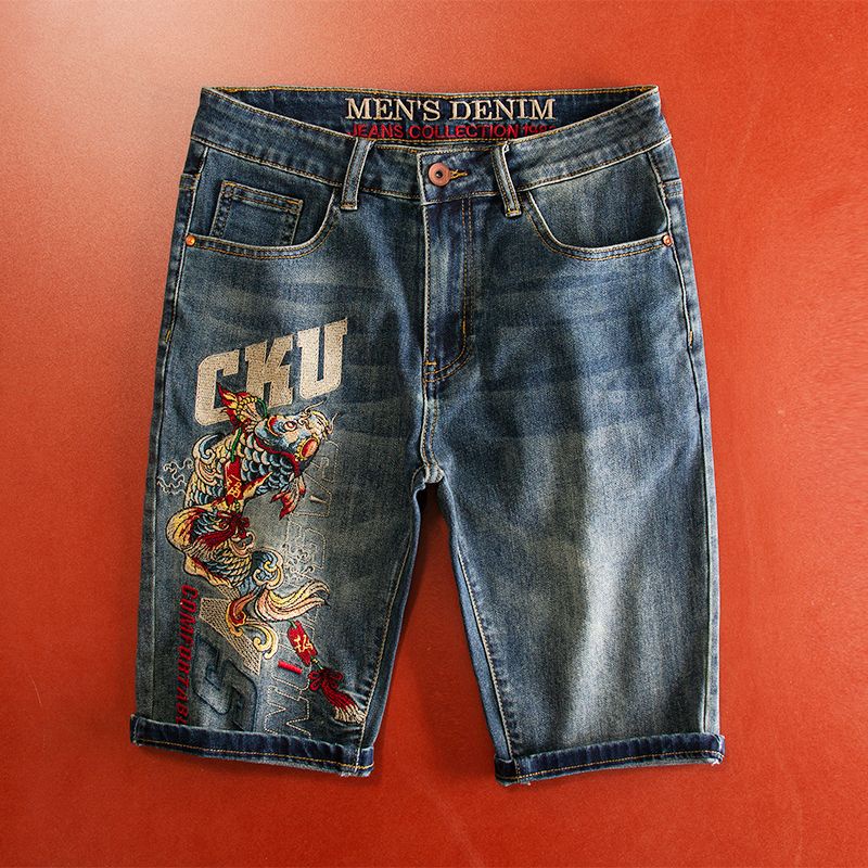 Chinese Style Embroidered Denim Shorts Men's Cropped Pants Slim-fit ...