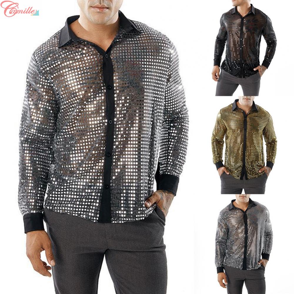 Mens Sparkly Sequins Party Dance Shirts Retro 70s Disco Nightclub Shirt Tops | Shopee Philippines