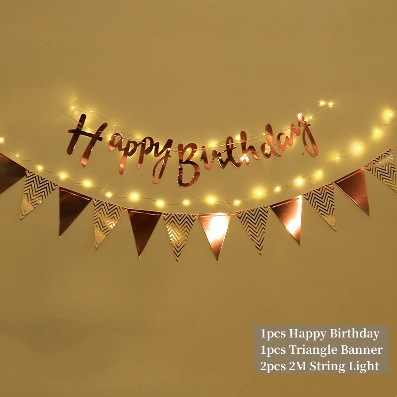 Happy Birthday Banner Flags Set With LED String Light Wall Background ...