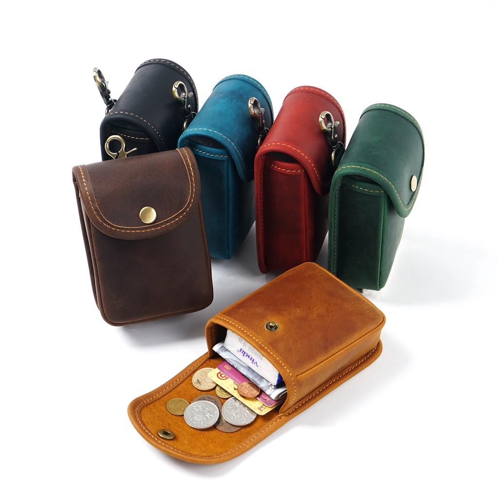 GENODERN Cowhide Small Waist Bag Crazy Horse Leather Coin Purse Men's ...