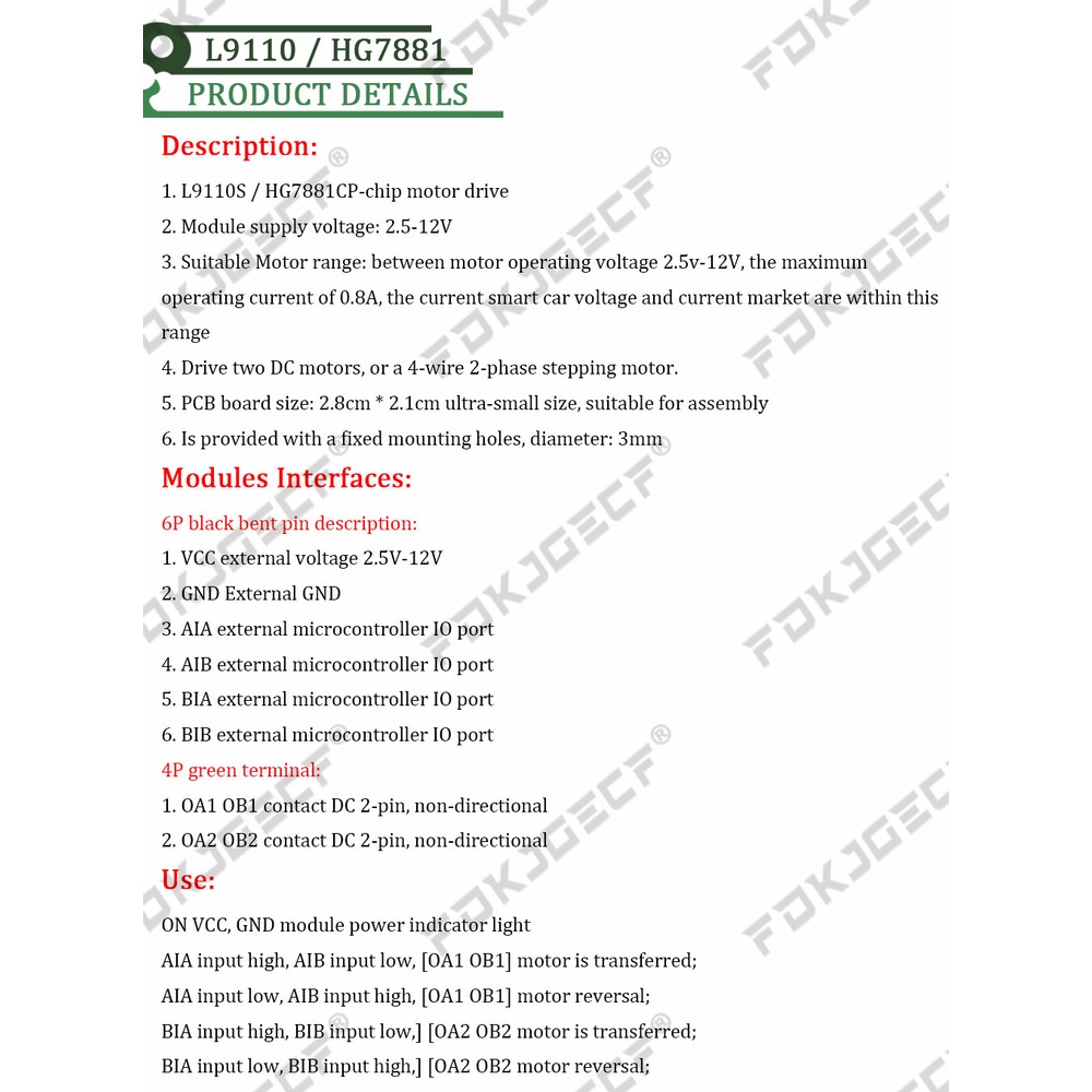L9110 L9110S / HG7881 HG7881CP Two Road Motor Driver Module For 2 ...