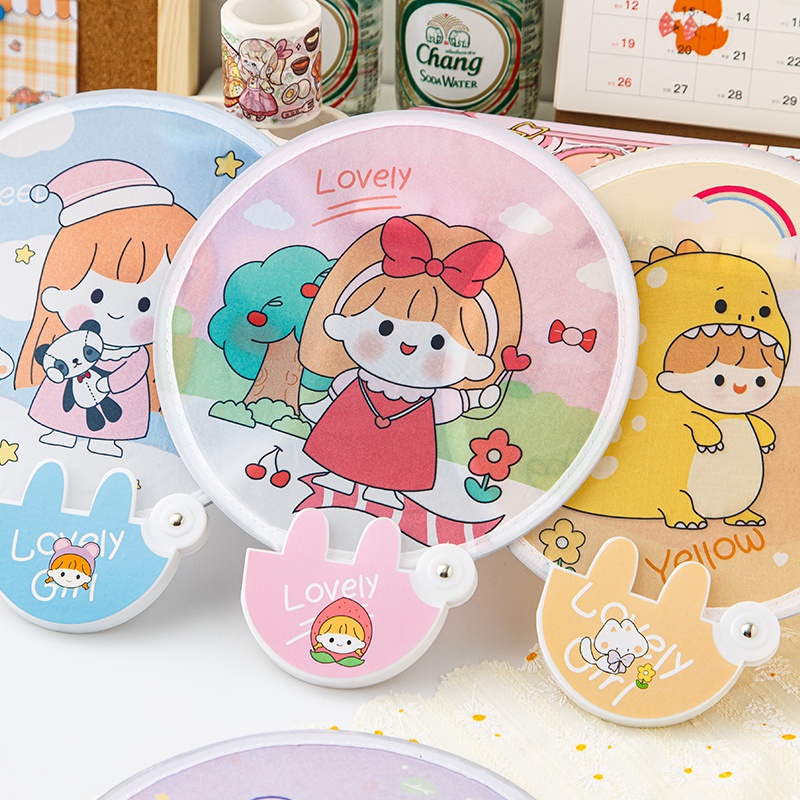 Lovely Cartoon Foldable Hand Fan Summer Portable Mini Round Handheld ...