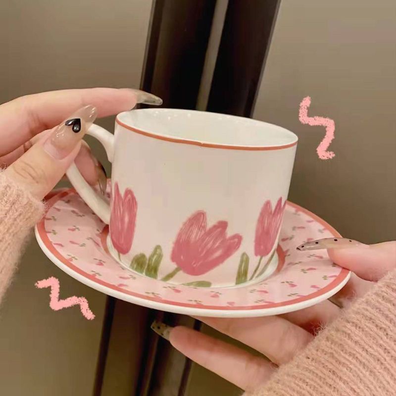 Pink tulip coffee cup and saucer set ins style high beauty cup retro ...
