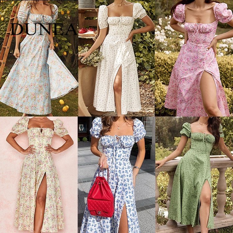 DUNEA Women's Sweat Square Neck Lace Split Long Floral Dress | Shopee ...