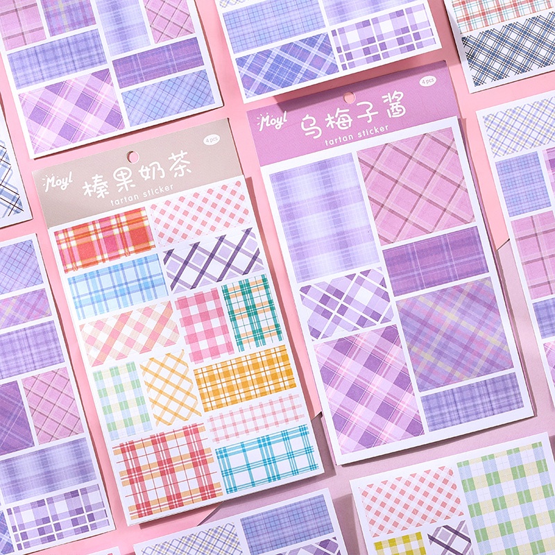 4 Sheets Cute Plaid Stripes Series Washi Stickers Student Journal Deco ...