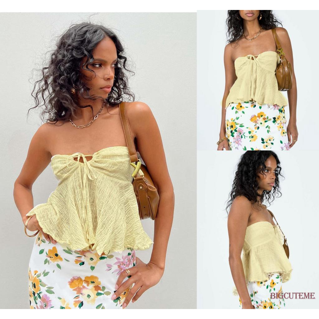 []-Women Tube Tops Solid Color Boat Neck Tie-Up Strapless Summer ...