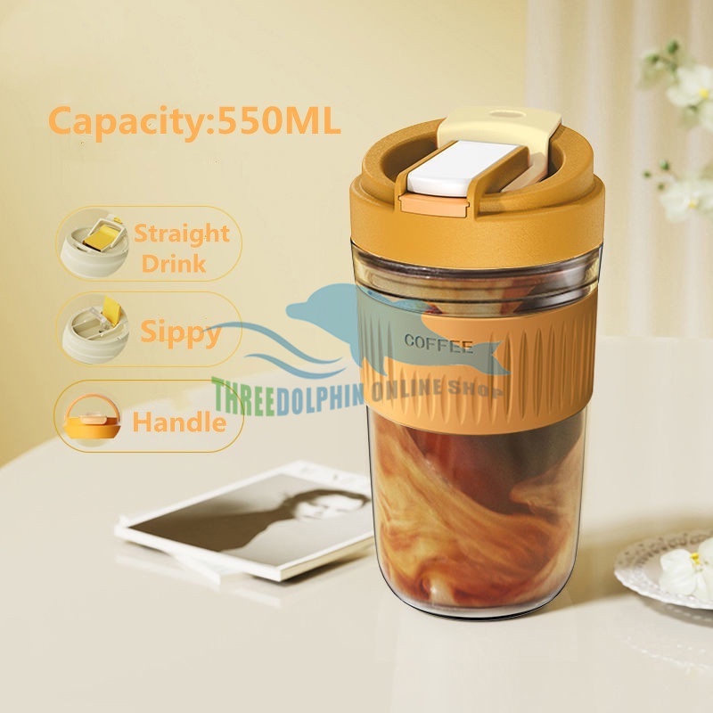 TH 400/550ML Glass Travel Coffee Mug Reusable Coffee Cup with Lid and Straw Portable To Go Iced ...