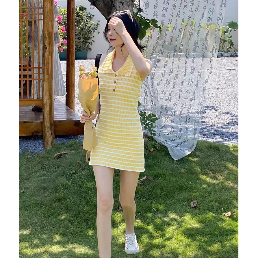 Sleeveless Hanging Neck Backless White Stripe Yellow Knitted Polo Dress ...