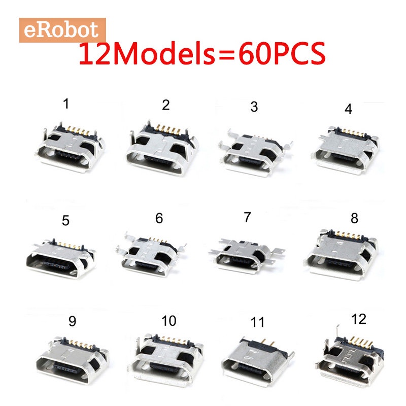 60Pcs 5Pin Micro USB Connector 12 Models Socket Jack USB Connectors Set ...