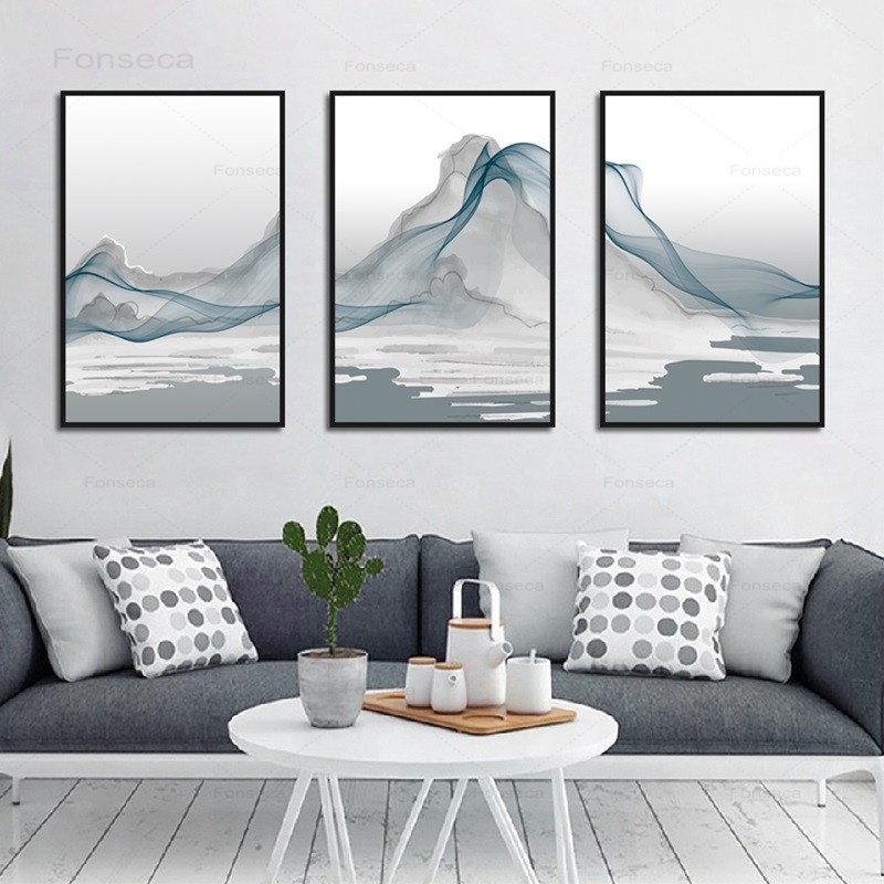 Abstract Landscape Art Canvas Painting Prints Line Mountain Lake ...