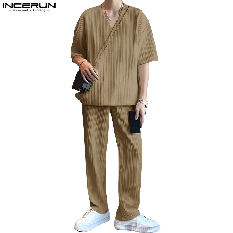 INCERUN Short Sleeve Shirt+Pants Set Men's Simple Pleated Solid Color ...