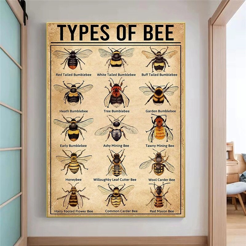 Types Of Bee Retro Poster Different Bee Prints On Canvas Painting Wall ...