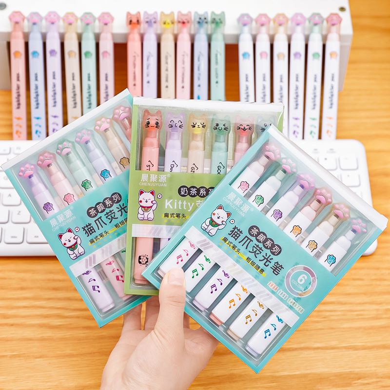 6pcs/set Cute Cat Paw Highlighters Soft Oblique Tip Pen Student Drawing ...