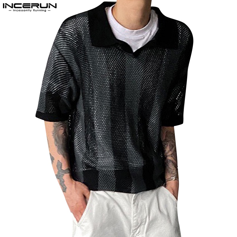 INCERUN Men Korean Striped Cutout Knit Short Sleeve Polo Shirts ...