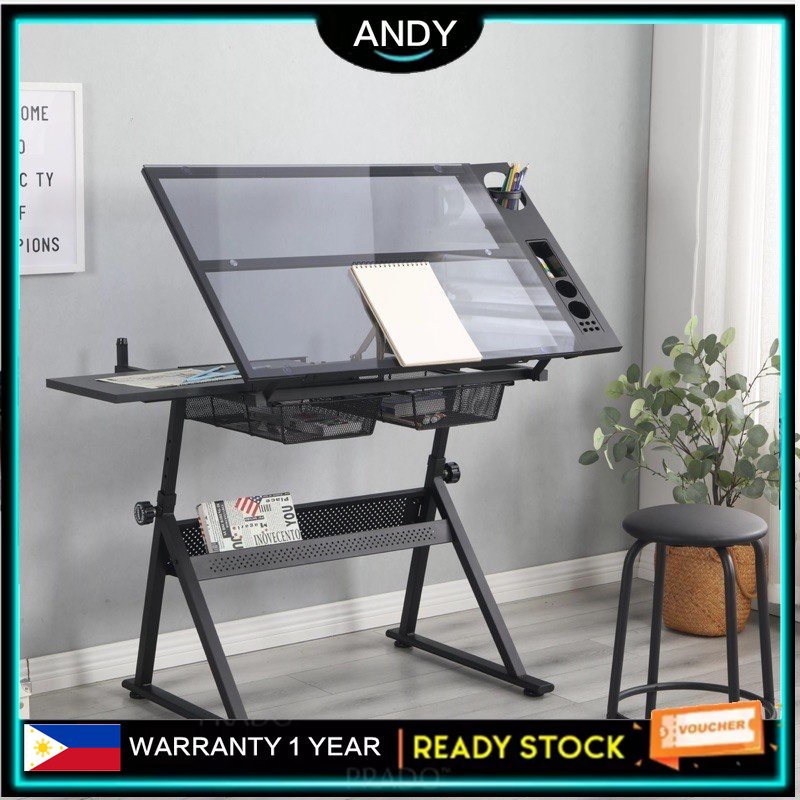 [With lamp] Drafting Glass Table Height Adjustable Drawing Table Extra ...