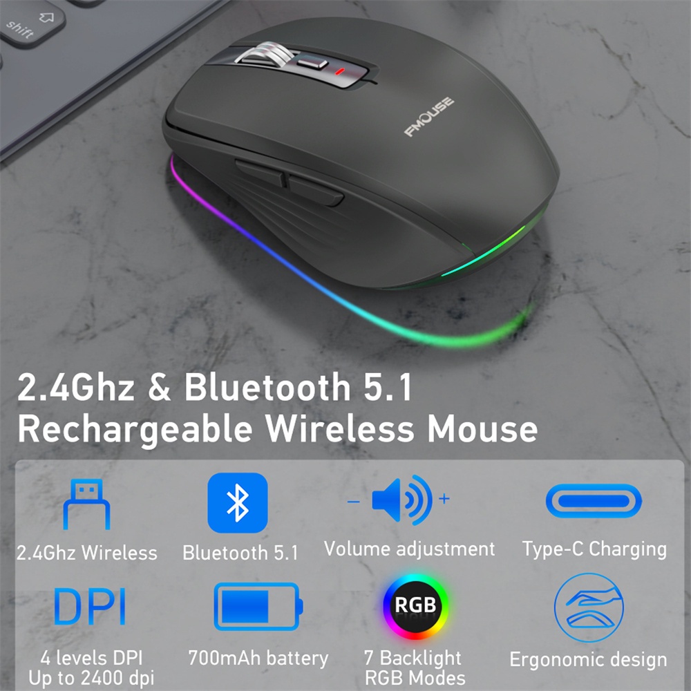 Dual Mode Rechargeable Wireless Bluetooth-compatible 2.4G Mouse RGB ...