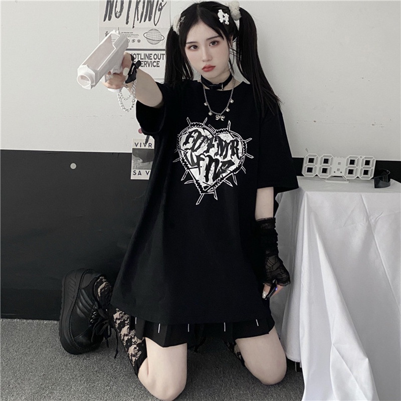 Women y2k Goth Print T-shirt Harajuku Streetwear Dark Gothic Emo Short ...