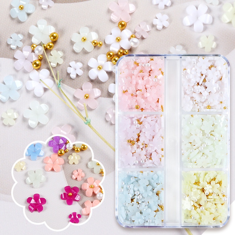 CHK 6 Grids 3D Acrylic Flower Nail Pieces Mixed Pearl Steel Beads ...
