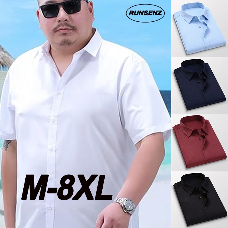 M-8XL Fat Man Simple Plain Shirt Men Plus Size Short Sleeve Shirt ...