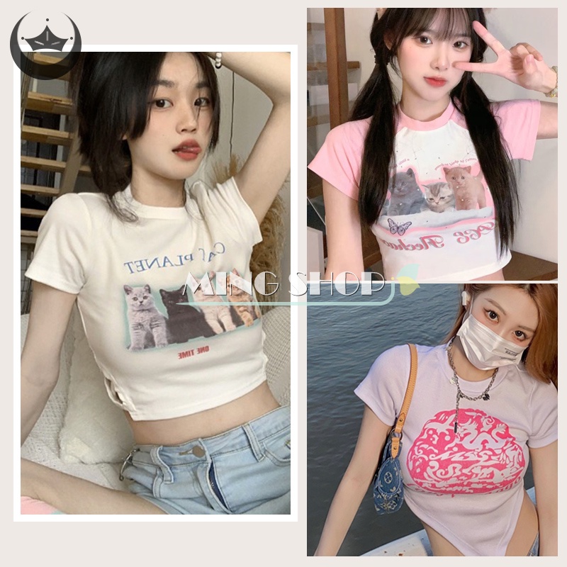 Ming Women Cartoon Cat Print T-Shirt Summer Fashion Round Neck Short Sleeve Slim Crop Top TH ...
