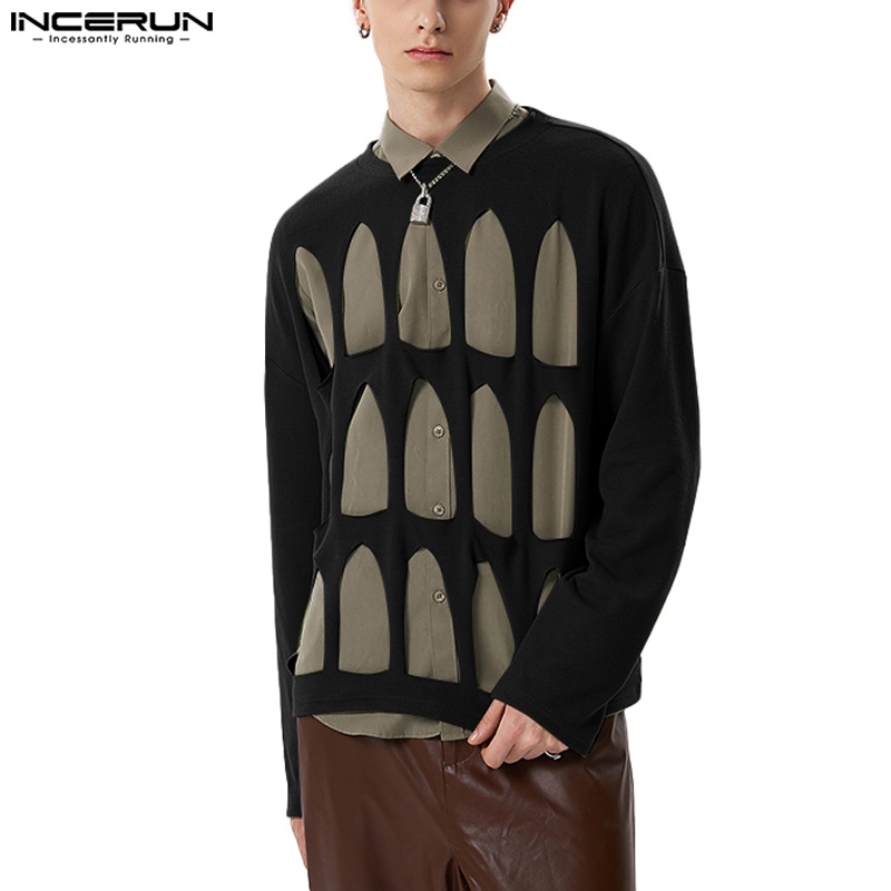 INCERUN Men Vintage Solid Color Skeleton Burnout Casual Long Sleeves T ...