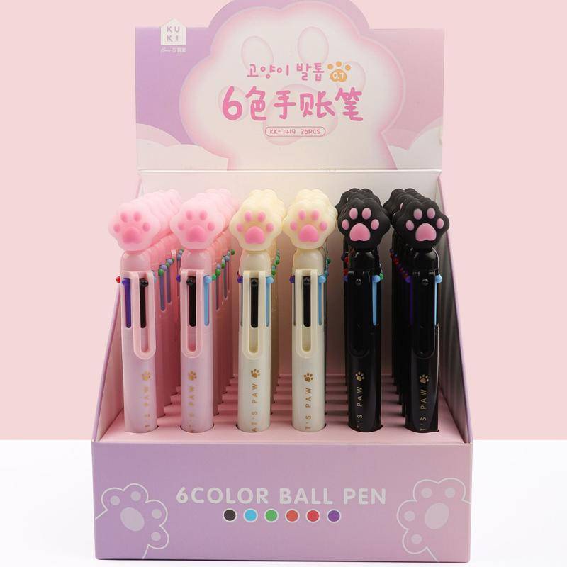 6 Multicolored Pens Cute cat paw Cartoon Ballpoint Pen School Office ...
