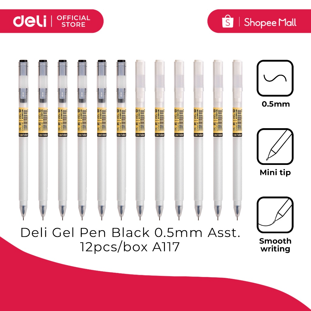 Deli A117 Gel Pen Black 0.5mm Asst. 12pcs/box [79A117P12] | Shopee ...