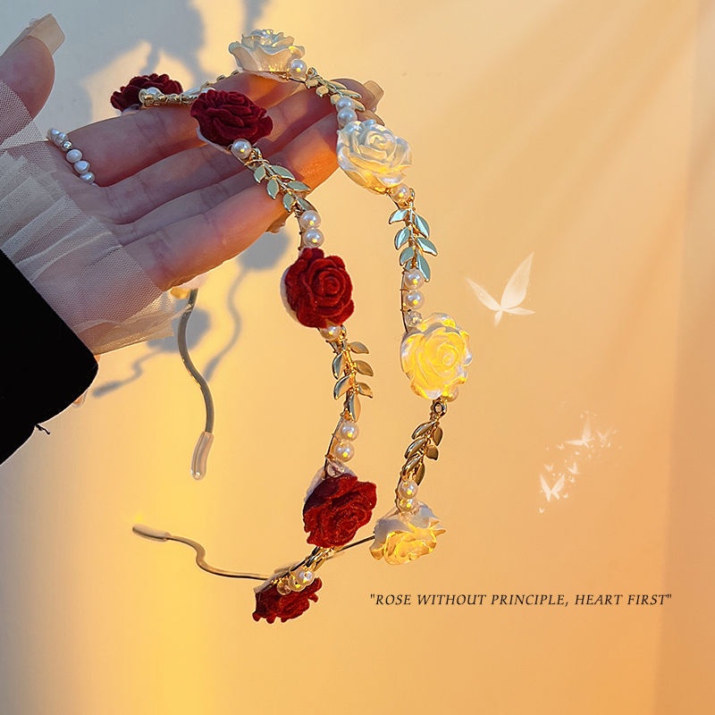 Rose Pearl Headband Summer French Retro High-End Hairpin Headdress ...