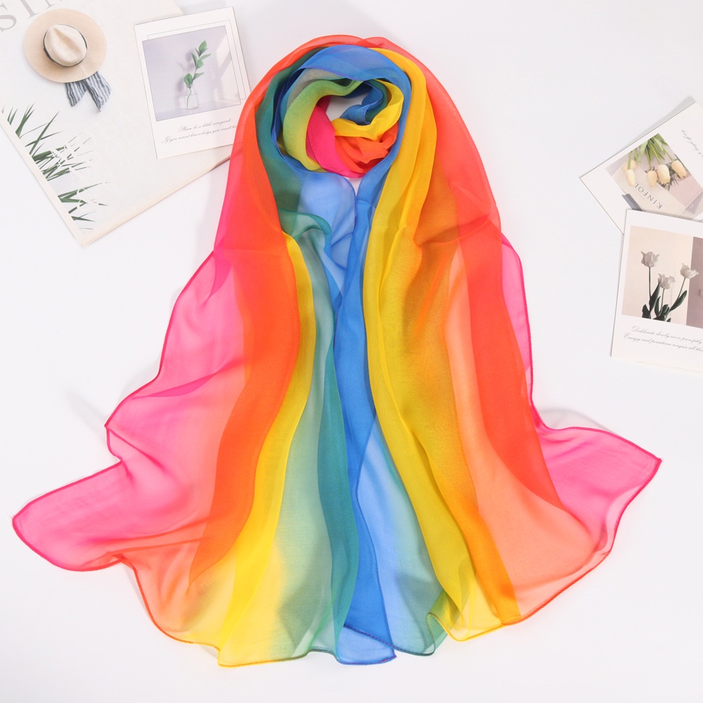 Summer Thin Silk Scarf Soft Breathable Georgette Scarf Rainbow Gradient ...